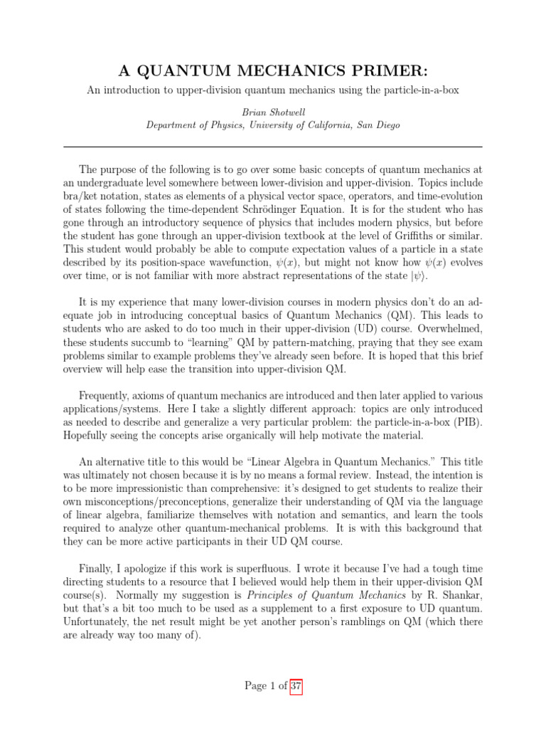 Quantum Mechanics Primer: Particle-in-a-Box | PDF | Quantum Mechanics | Theoretical Physics