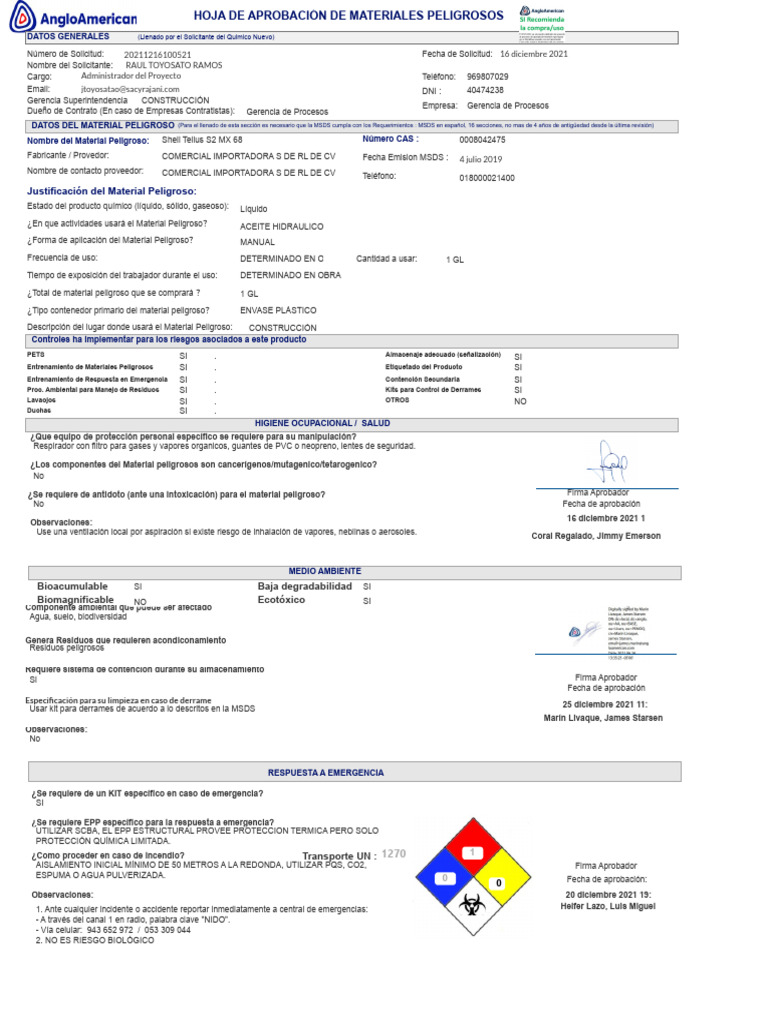 Hojas MSDS - Aceite Hidraulico - Shell Tellus 68 | PDF | Mercancías ...
