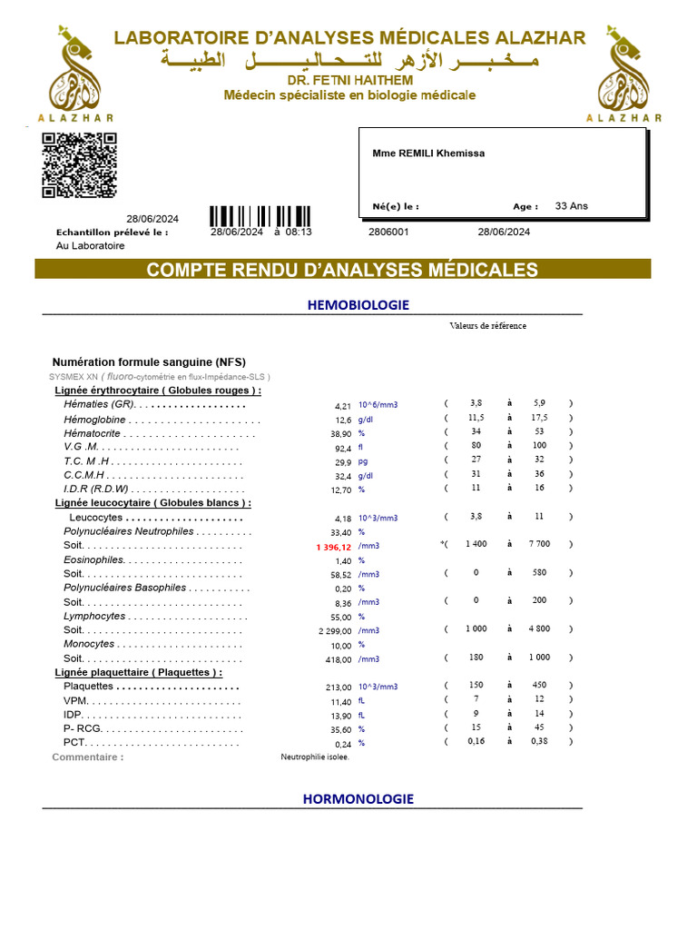 Hemobiologie: Numération Formule Sanguine (NFS) | PDF