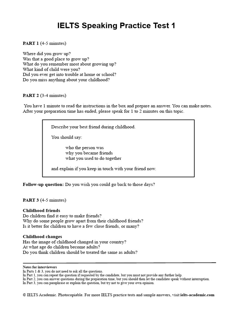 Ielts Speaking Practice Test 1 | PDF