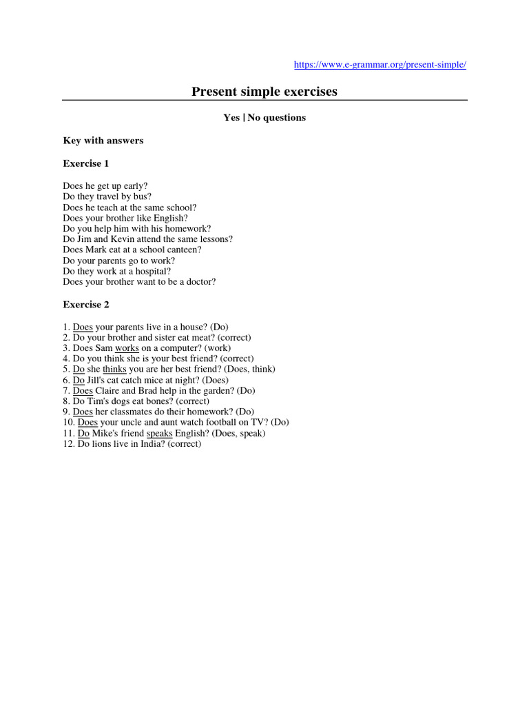 Present Simple Exercises Answer Key 1 | PDF