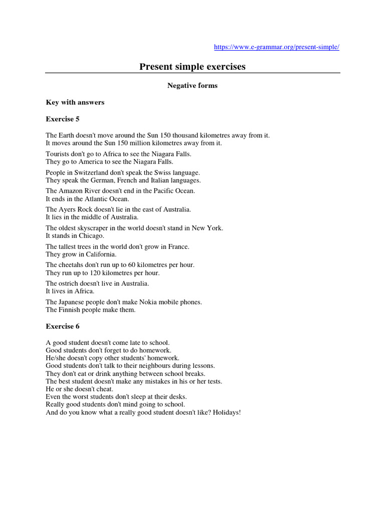 Present Simple Exercises Answer Key 3 | PDF