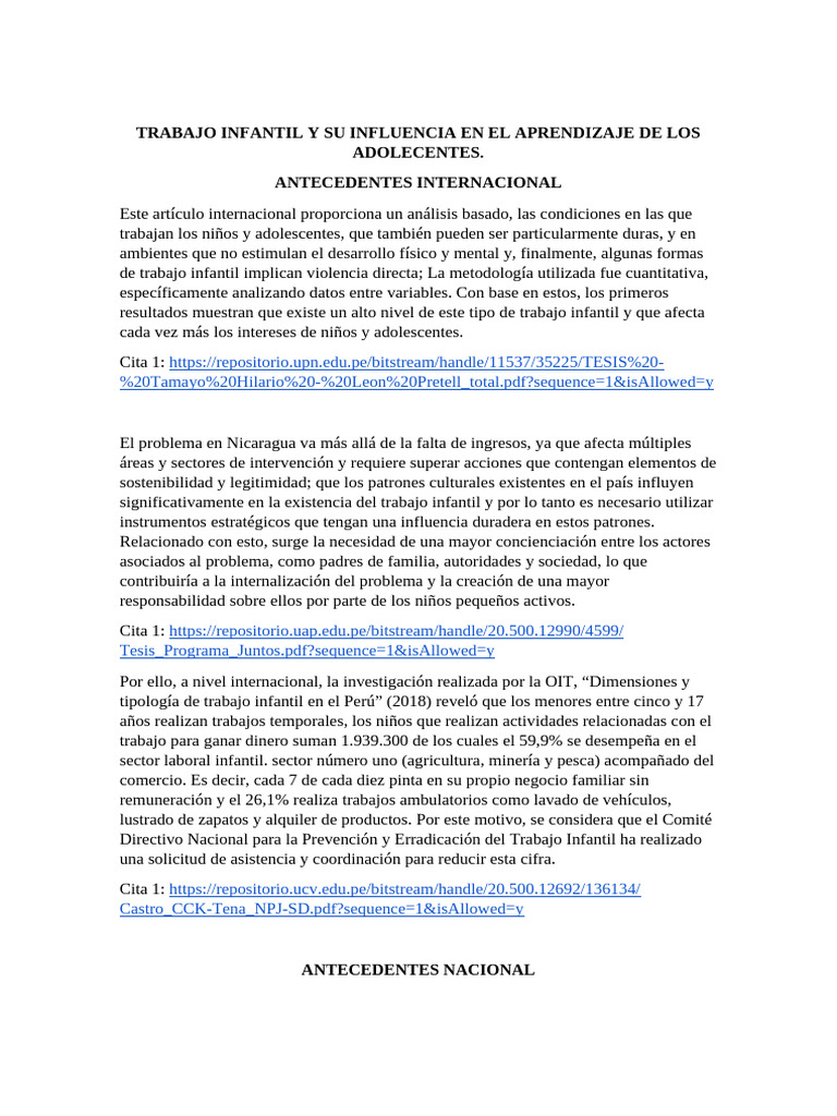 Trabajo Infantil y Su Influencia en El Aprendizaje de Los Adolecentes ...