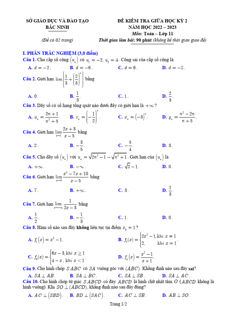De Kiem Tra Giua Hoc Ky 2 Toan 11 Nam 2022 2023 So GDDT Bac Ninh | PDF