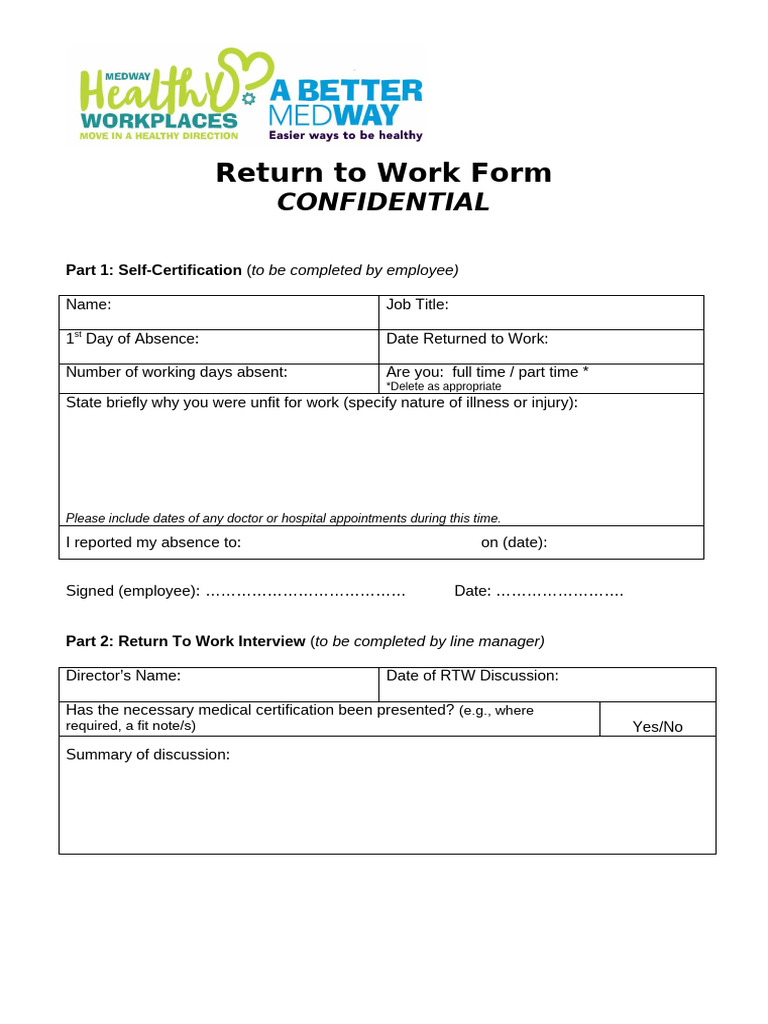Return to Work Form Example | PDF