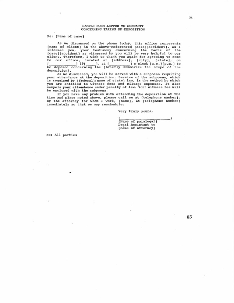 Sample Form Letter To Non-Party Concerning Taking of Disposition | PDF