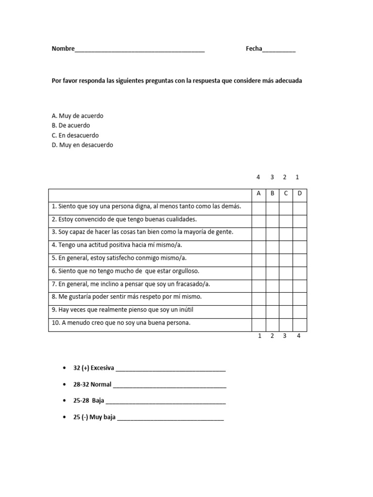 Autoestima - Rosenberg Test | PDF