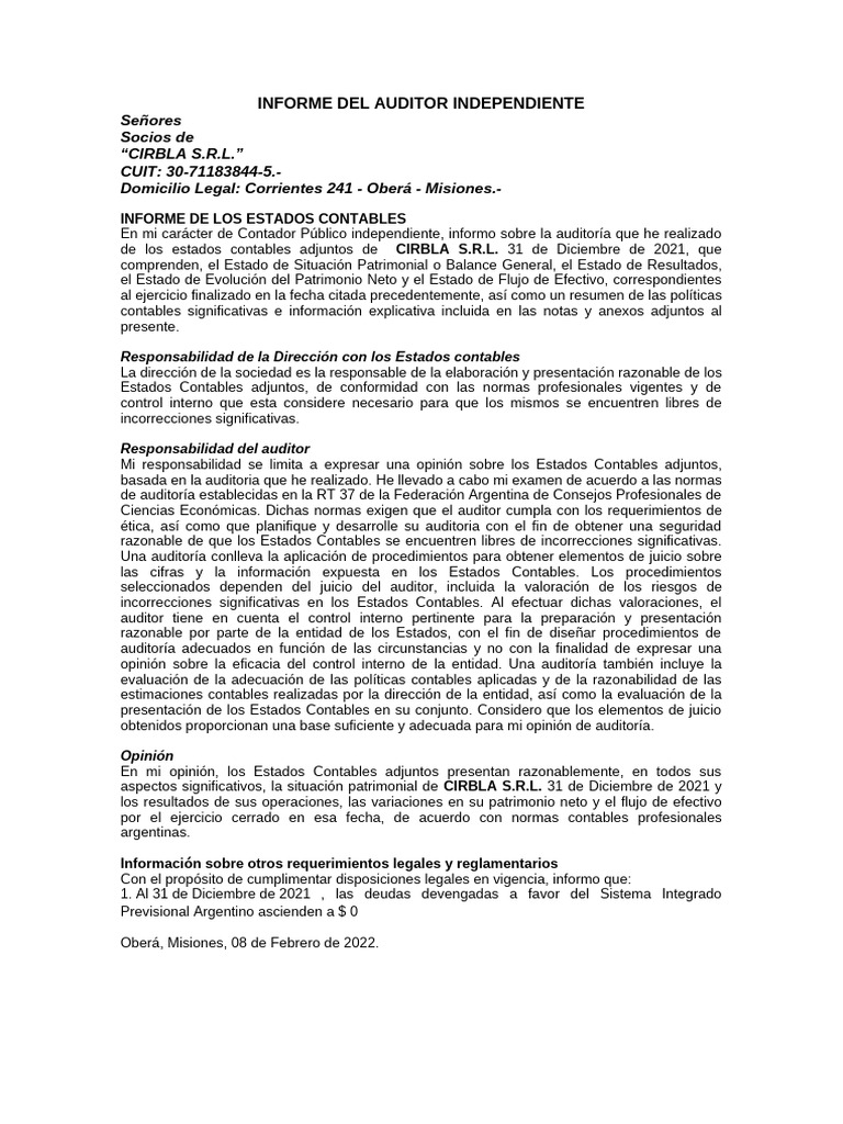 Informe Del Auditor Independiente Cirbla 2021 | PDF | Contabilidad | Auditoría