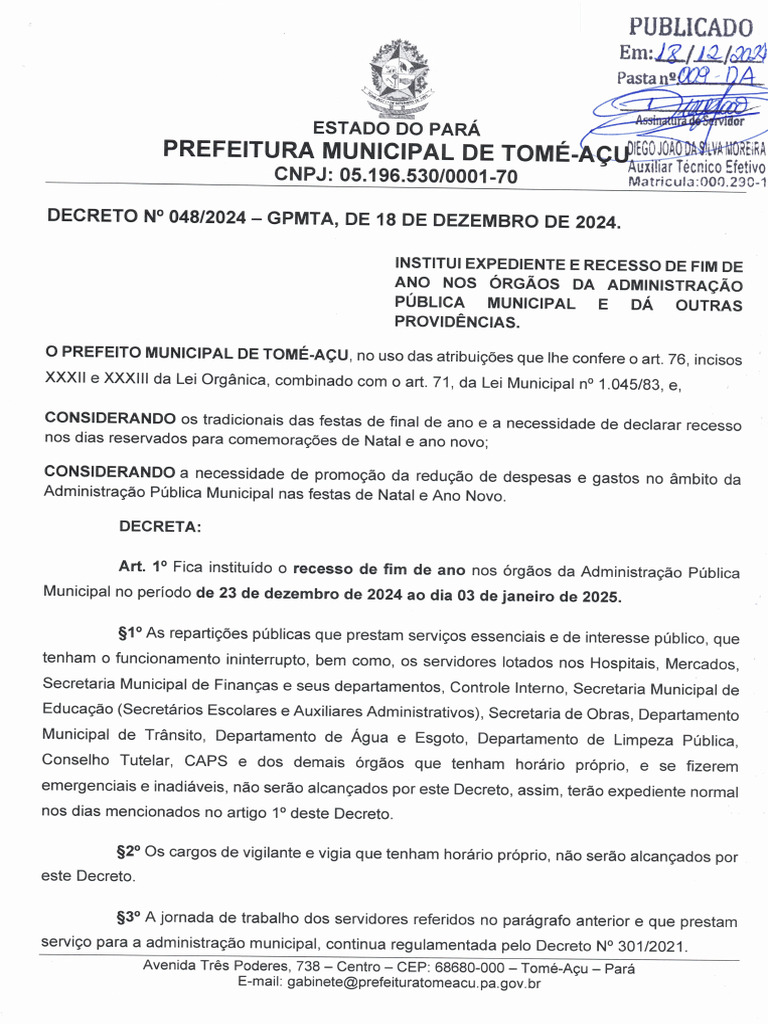 Decreto 048-2024 Funcionamento Expediente e Recesso de Fim de Ano 2024 ...