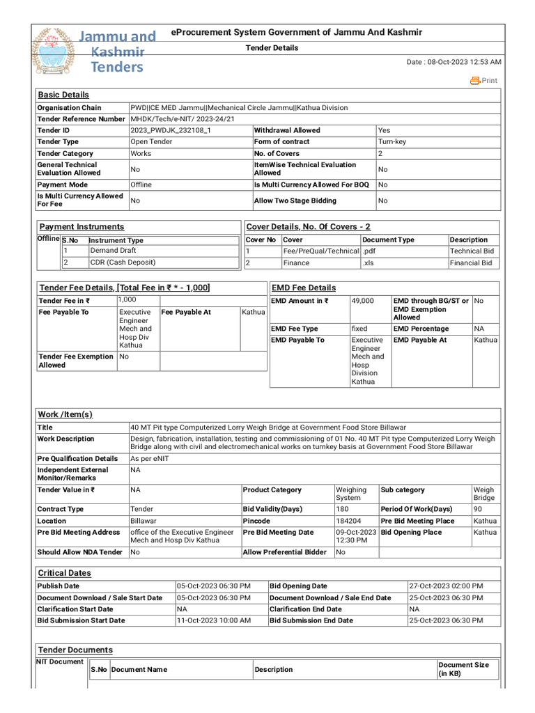 Jammu & Kashmir Weigh Bridge Tender 2023 | PDF | Money | Business