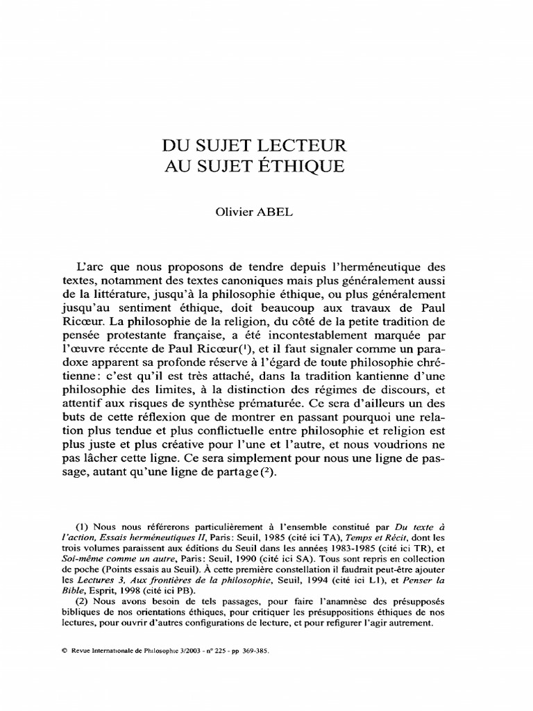 Du Sujet Lecteur Au Sujet Ethique | PDF