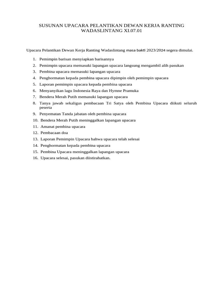 Susunan Upacara Pelantikan Dewan Kerja Ranting 24 | PDF