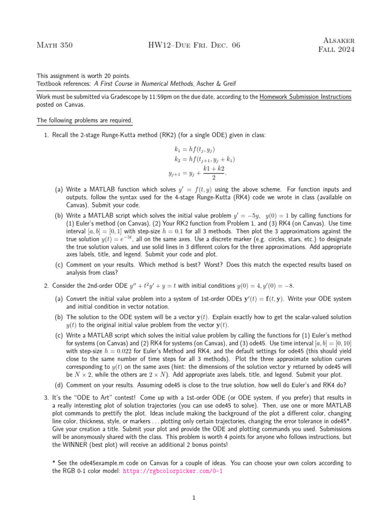 Math 350 HW12: ODE Methods in MATLAB | PDF | Ordinary Differential ...