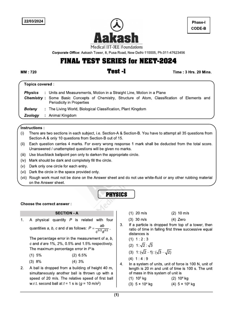 Final Test Series Test-1 (Code-B) | PDF