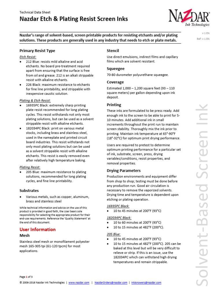 NAZDAR Etch and Plating Resist Screen Inks | PDF | Etching | Sodium ...