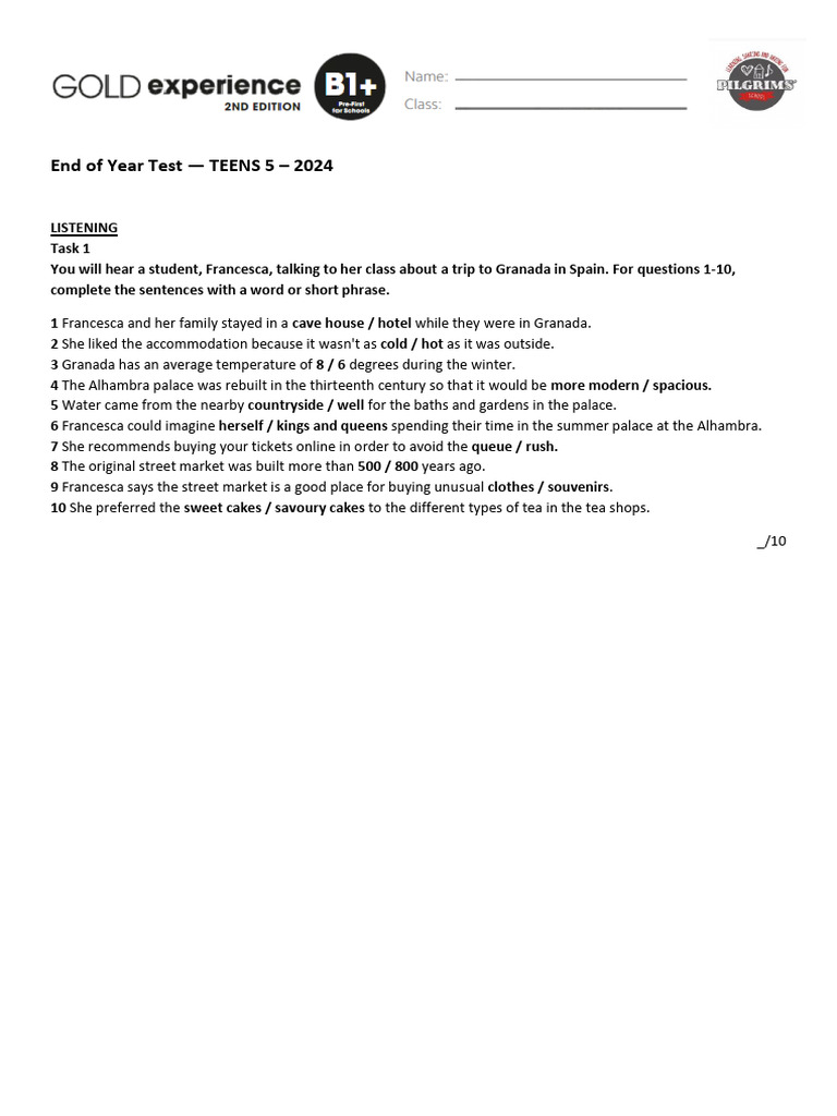 End of Year Test for Teens 2024 | PDF | English Language | Smartphone