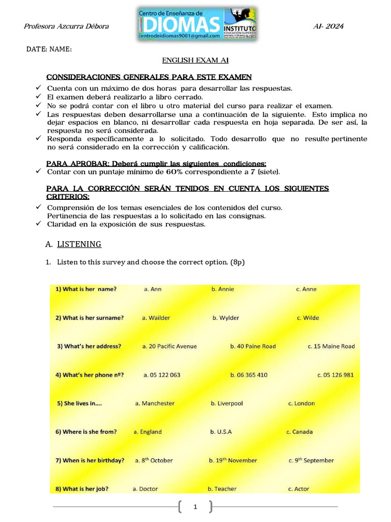 A1 - Final Exam | PDF | Gramática | Léxico A1 - Final Exam | PDF | Gramática | Léxico