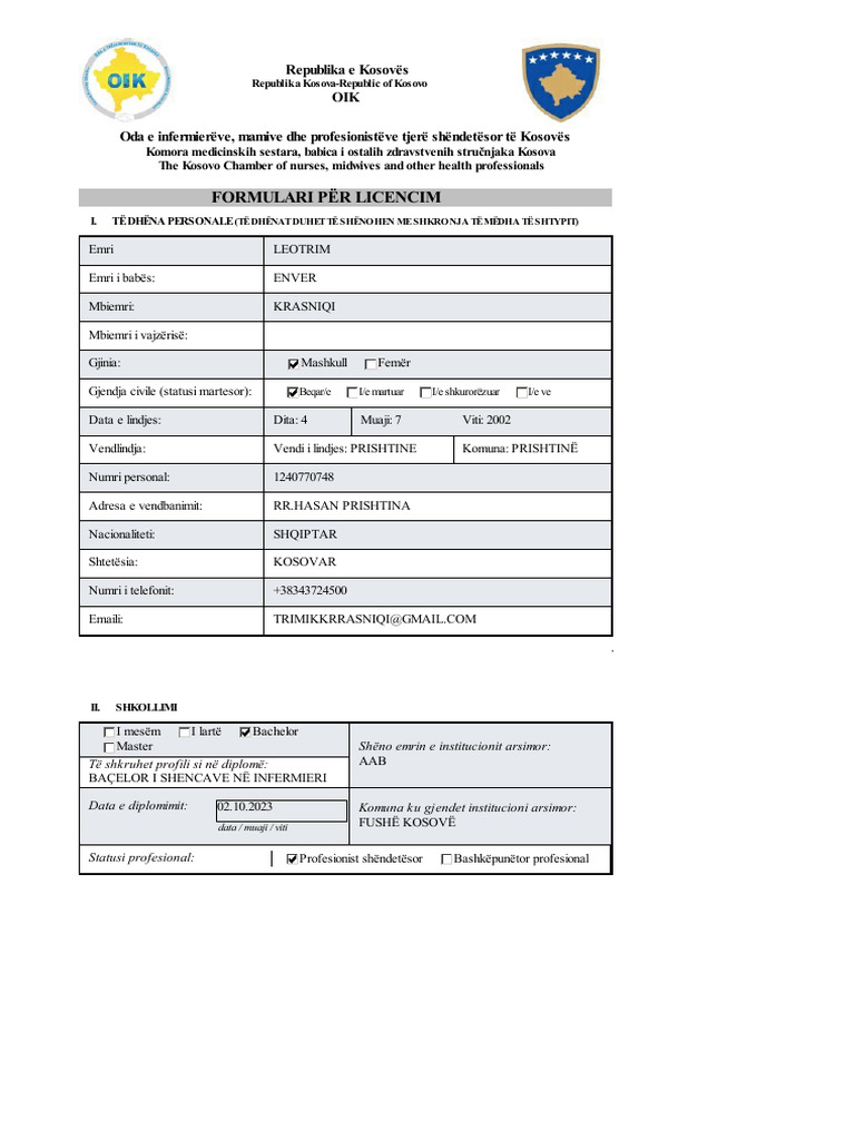 Formulari Për Licencim: Republika e Kosovës OIK | PDF