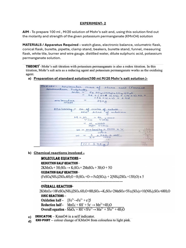 M20 Mohr's Salt Vs KMnO4 Titration | PDF