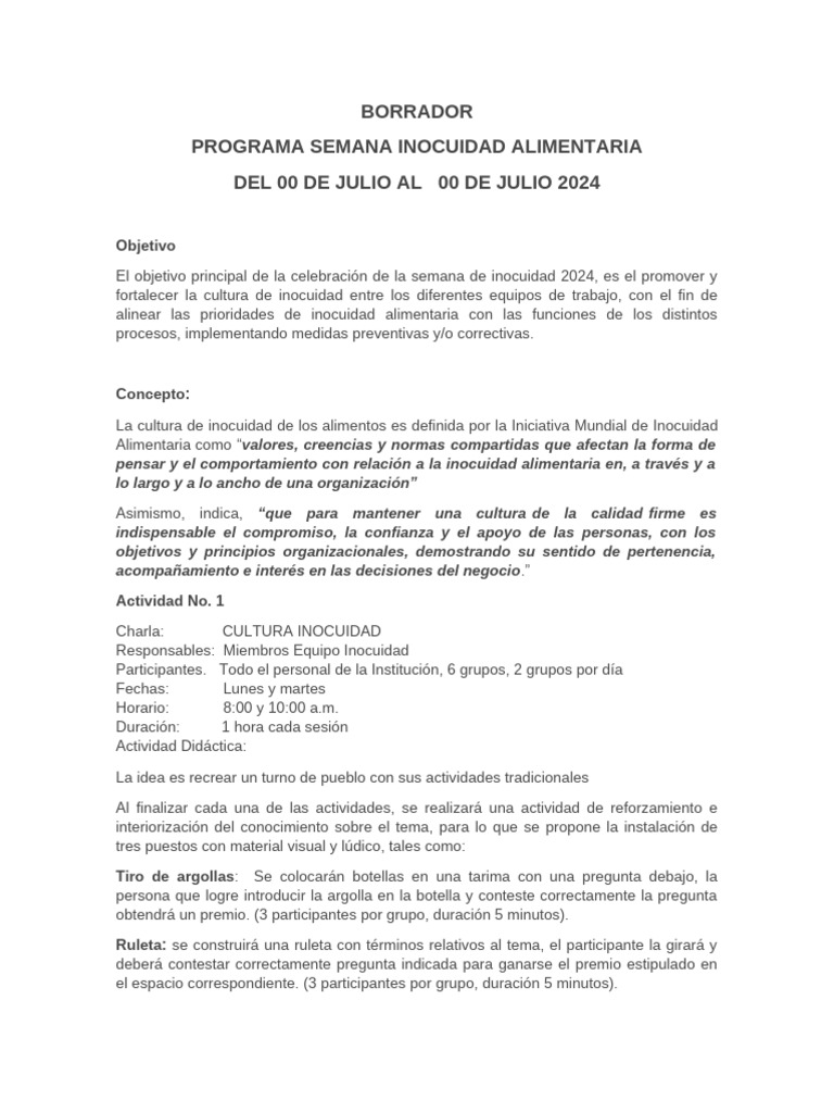 Borrador Programa Semana Inocuidad Alimentaria | PDF