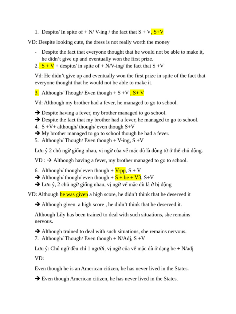 Mastering "Although" and "Despite" Usage | PDF