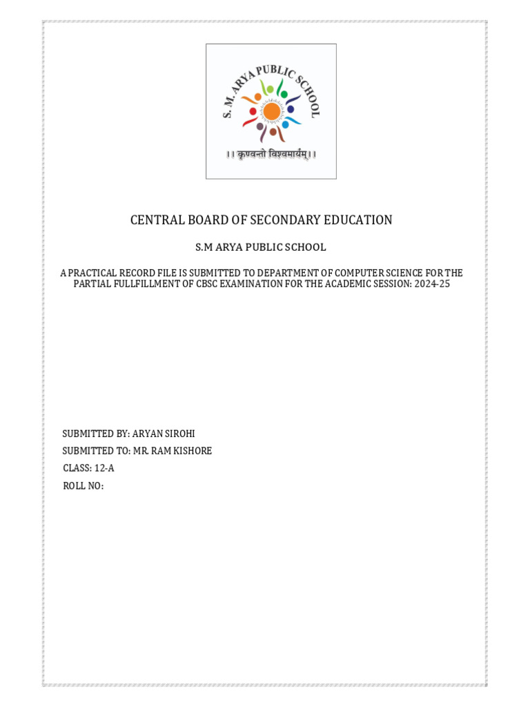 Aryan Sirohi, XII-A, Practical File CS | PDF | Comma Separated Values | Parameter (Computer ...