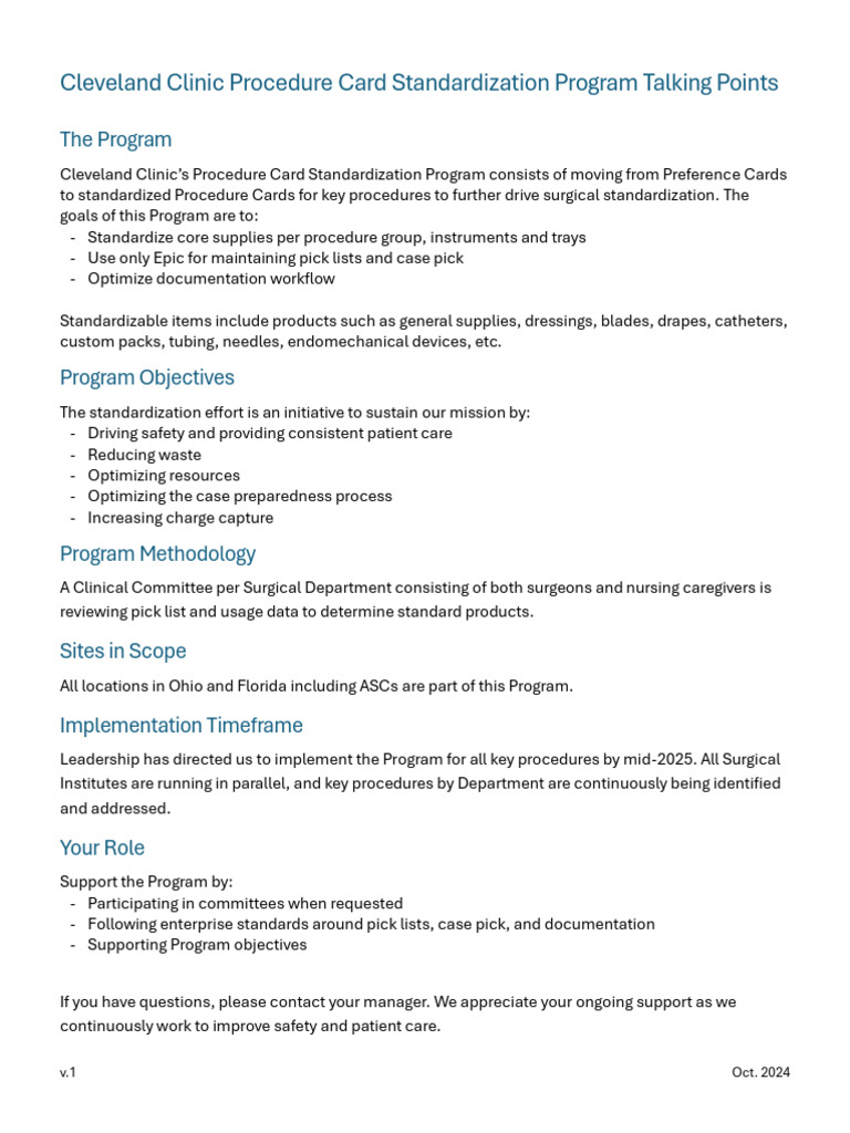 Talking Points - Procedure Card Program | PDF