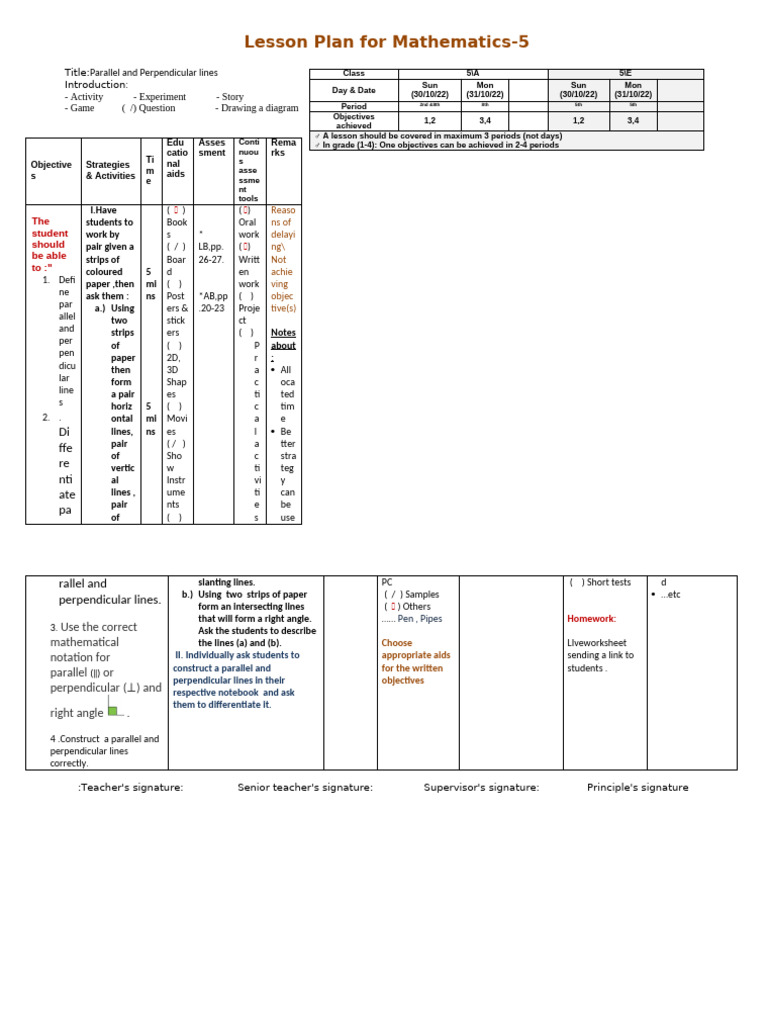 Lesson Plan Maths 5 Oct 30 To 31 | PDF | Elementary Geometry ...