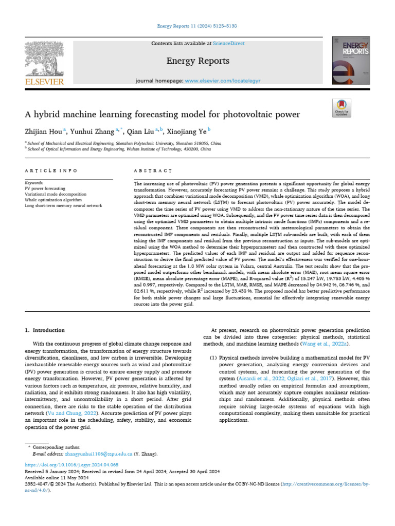 A Hybrid Machine Learning Forecasting Model For Photovoltaic Power ...