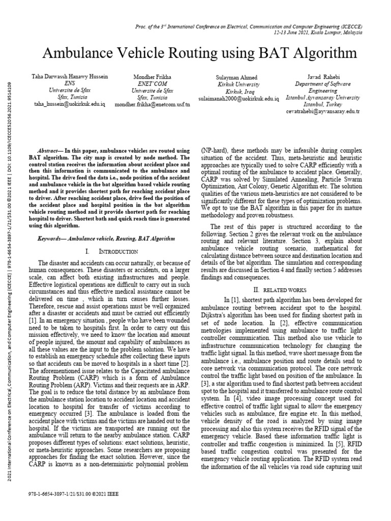 Ambulance Vehicle Routing using BAT Algorithm | PDF | Routing | Traffic
