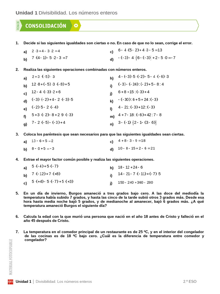 Ficha Operaciones Enteros | PDF