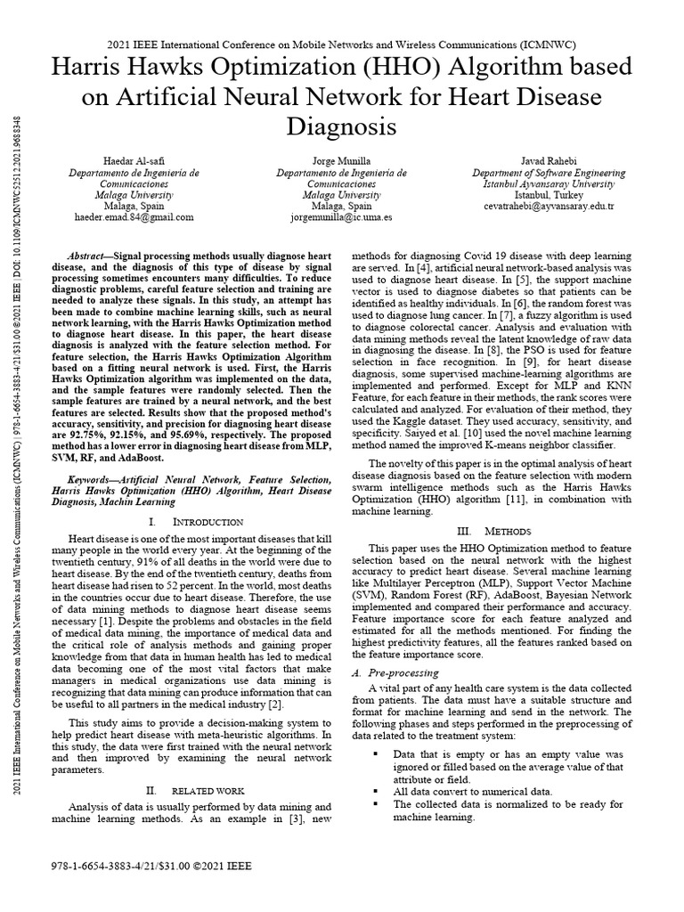 Harris Hawks Optimization (HHO) Algorithm Based On Artificial Neural Network For Heart Disease ...