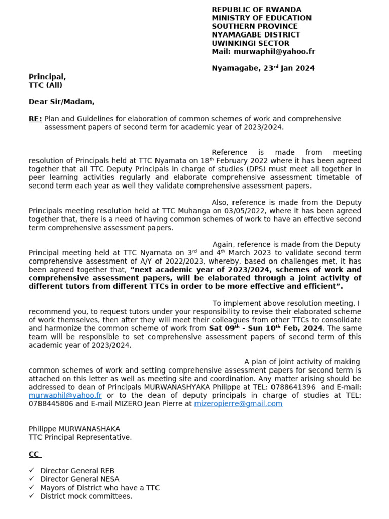 Rwanda TTC Second Term Assessment Plan | PDF | Science