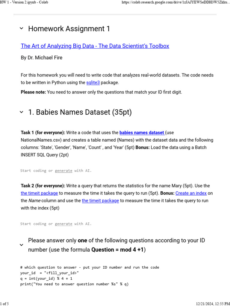 HW 1 - Version 2.ipynb - Colab | PDF | Databases | Data