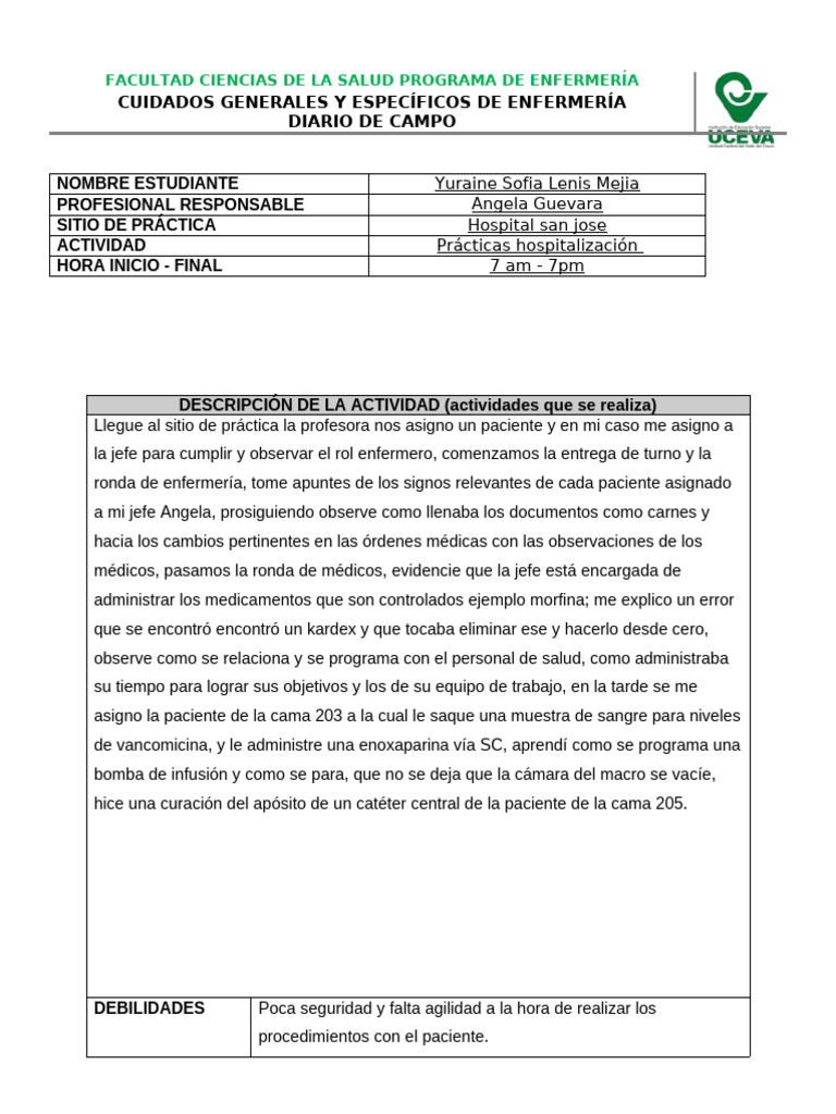 Hospitalizacion 2 Diario de Campo | PDF | Enfermería | Hospital