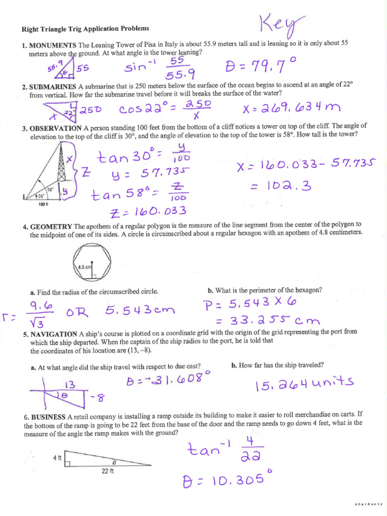 2018 ANSWERS FOR RIGHT TRIANGLE TRIG APPLICATIONS | PDF