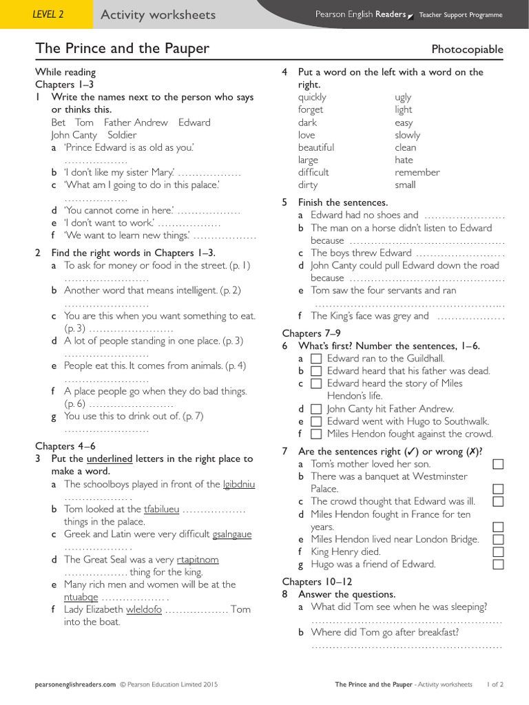 Prince and Pauper Activity Worksheets | PDF | The Prince And The Pauper