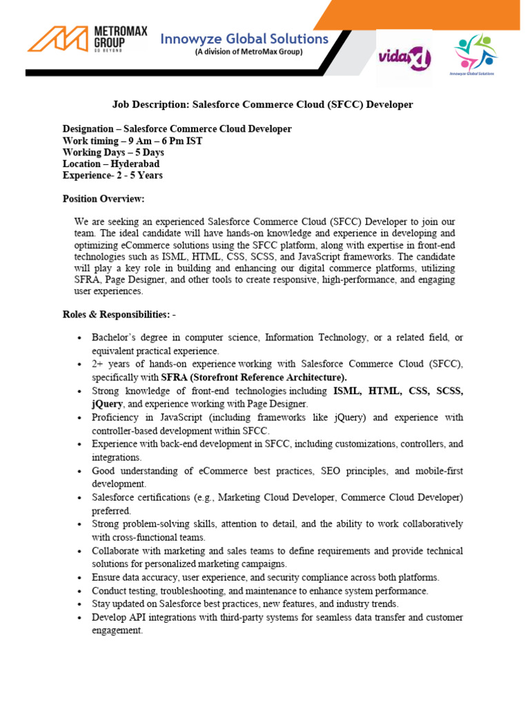 JD for SFCC Developer | PDF | Cloud Computing | J Query