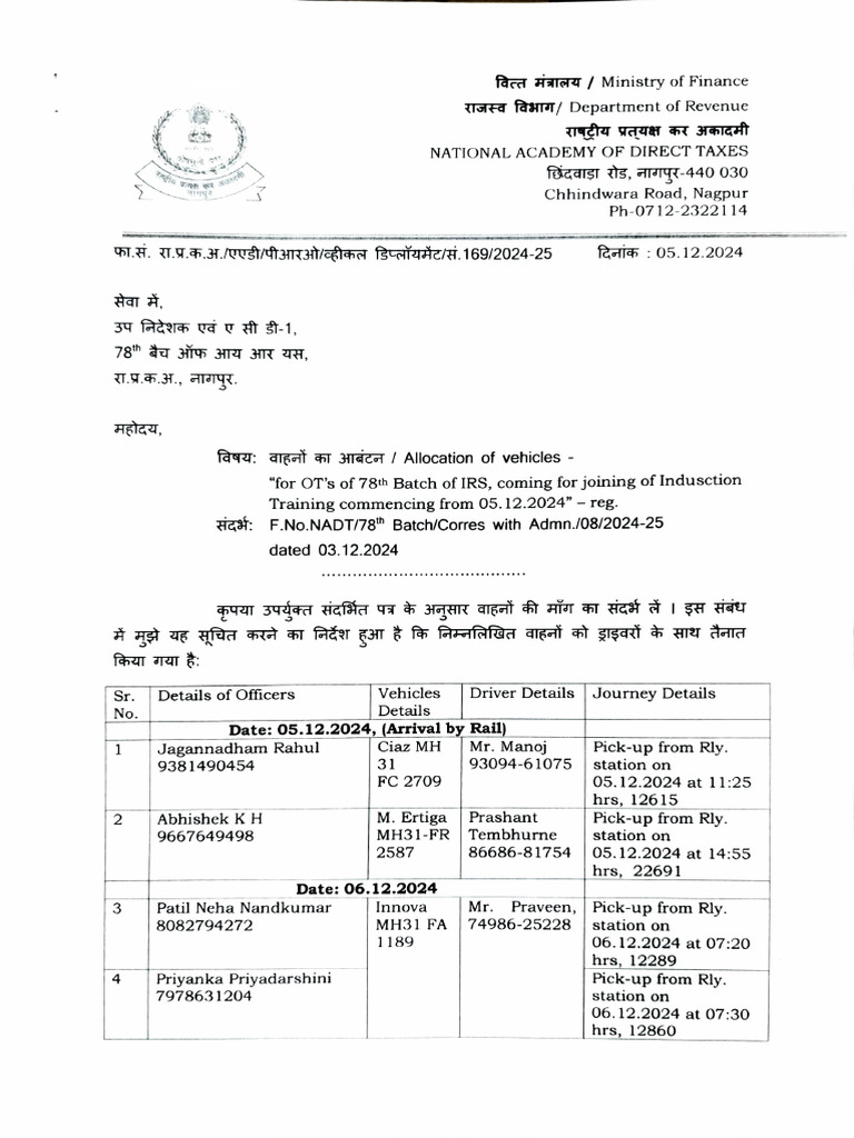 Vehicle Allocation for IRS Induction 2024 | PDF