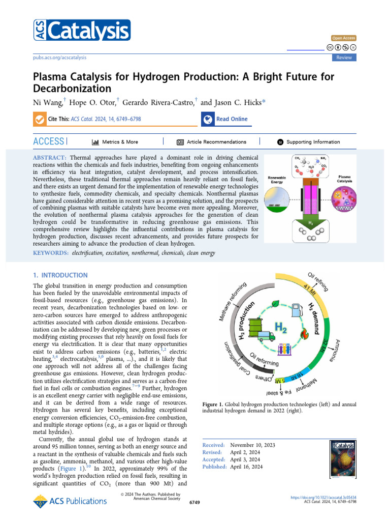 Plasma Catalysis For Hydrogen Production - A Bright Future For Decarbonization | PDF | Plasma ...