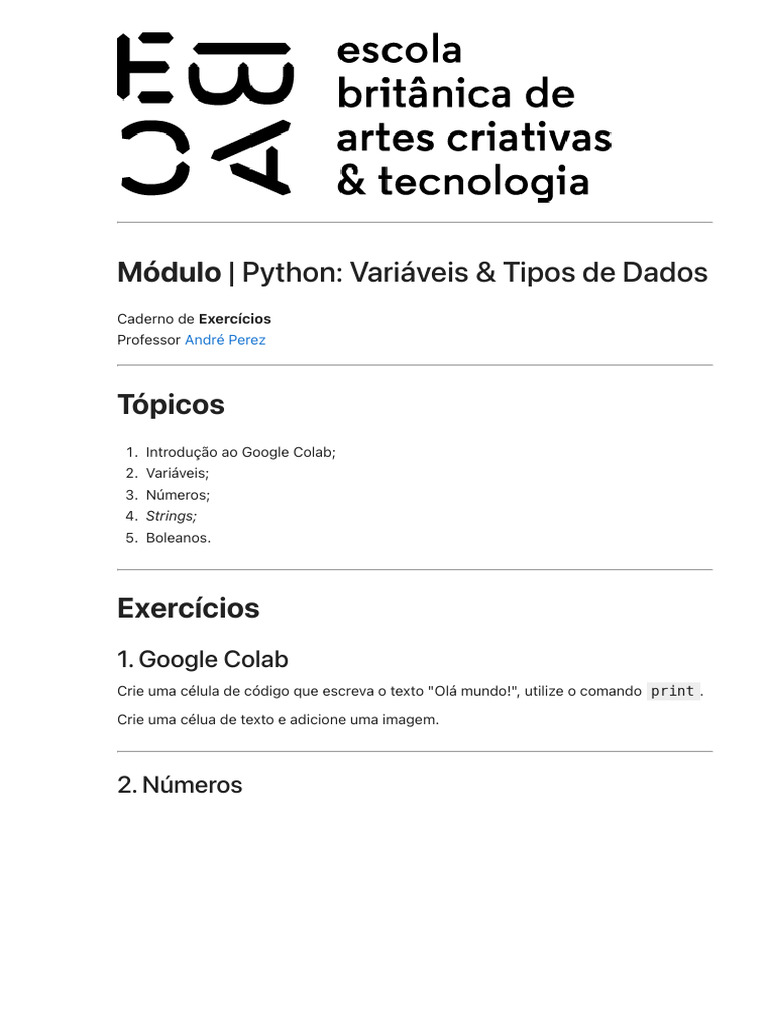Exercícios de Python: Variáveis e Dados | PDF