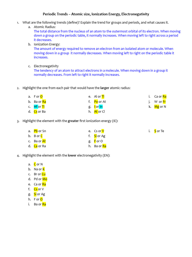 IRELYN TOMLINSON - Periodic Trends Worksheet | PDF
