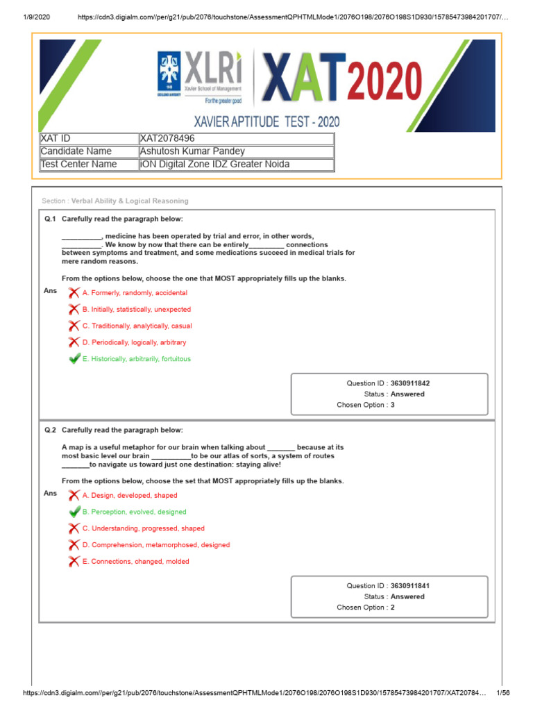 XAT 2020 Official Answer Key | PDF | Knowledge | Question