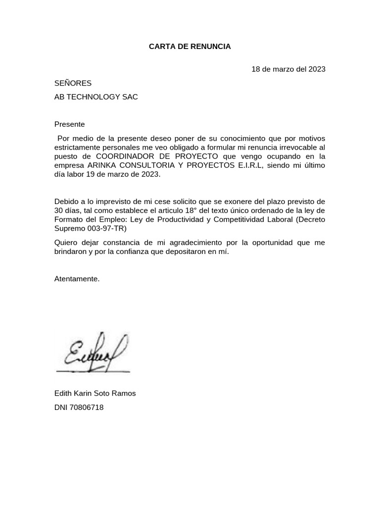 Carta de Renuncia Arinka | PDF
