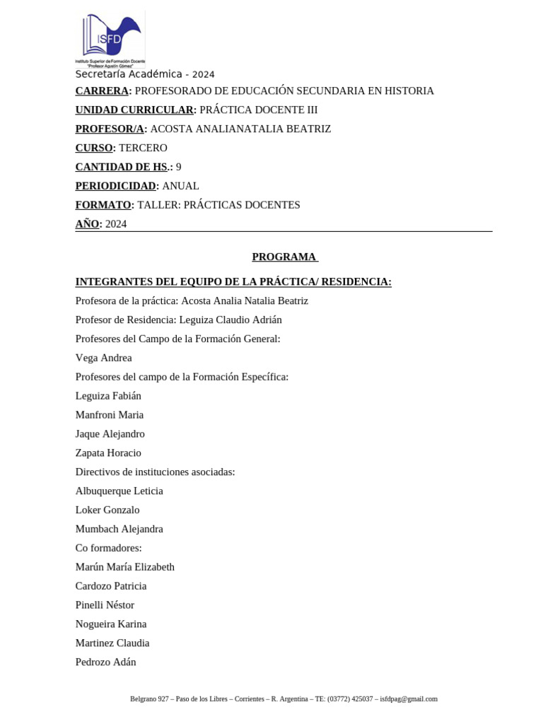 PESH - 3º - Prog - Práctica Docente III - Acosta - 2024 | PDF | Maestros | Enseñando