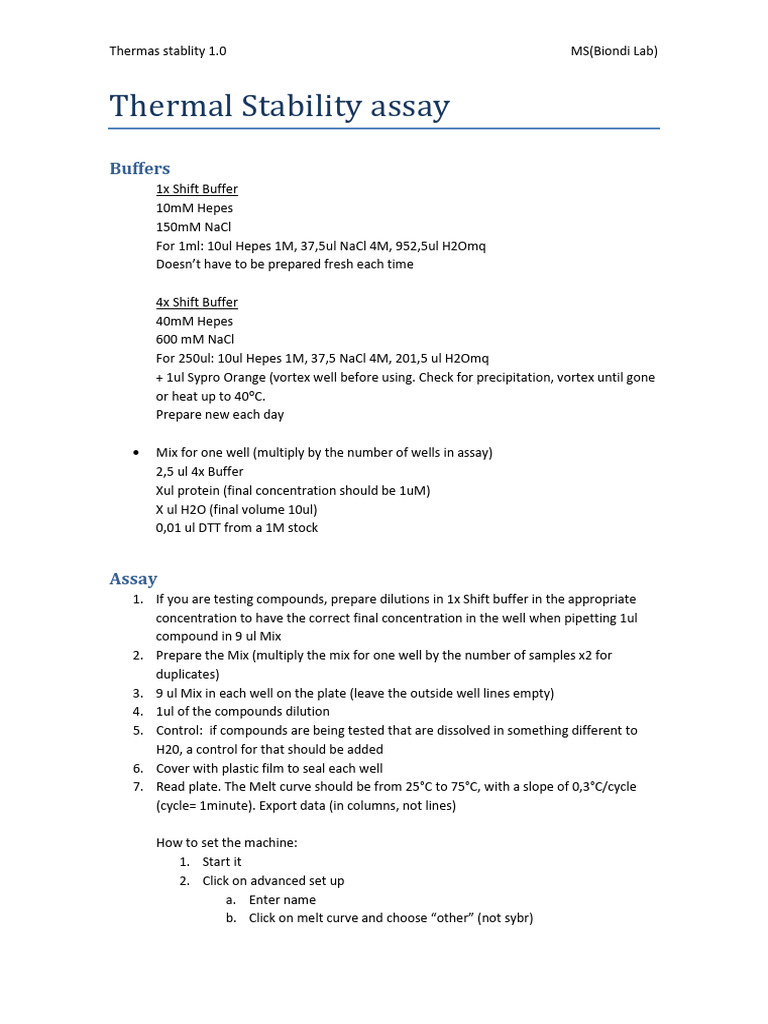Thermal Stability Assay Protocol | PDF | Biochemistry | Chemistry