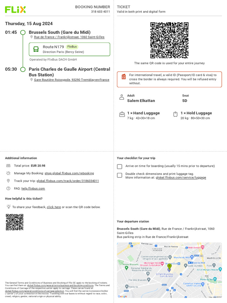 FlixBus Ticket: Brussels to Paris | PDF | Government And Personhood