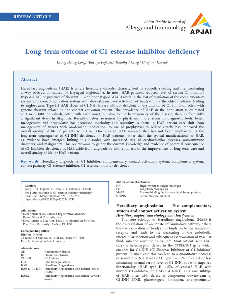 Long-Term Outcome of C1-Esterase Inhibitor Deficiency | PDF ...