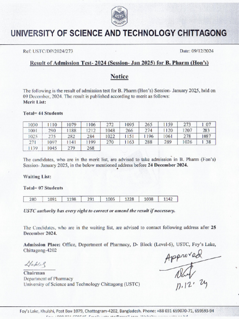 B.Pharm Admission Test Result | PDF