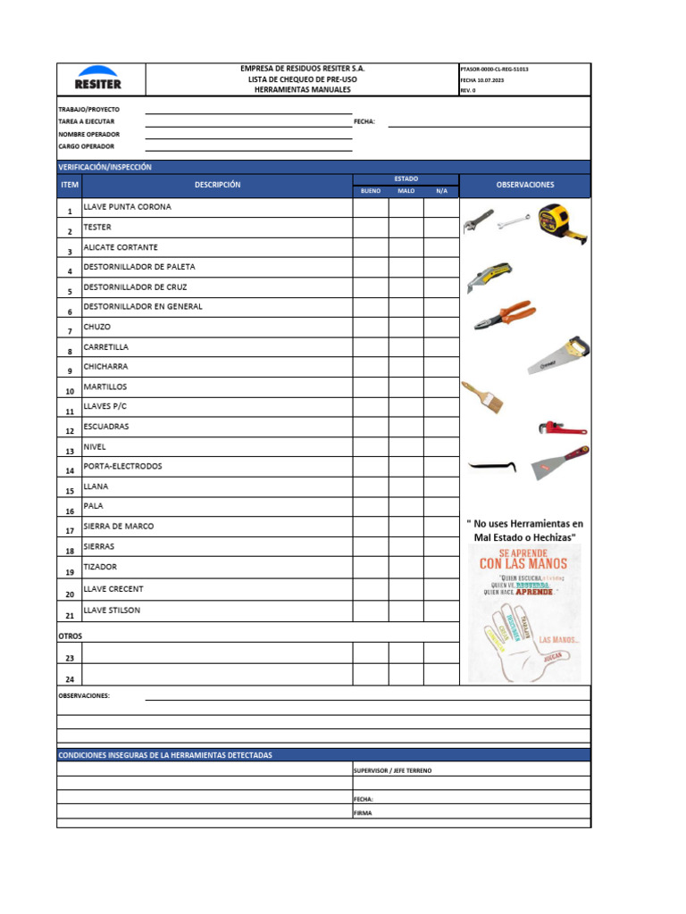 Lista Chequeo Herramientas Manuales | PDF